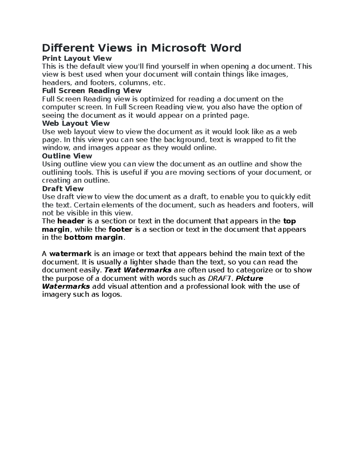 Different Views in Microsoft Word - This view is best used when your ...