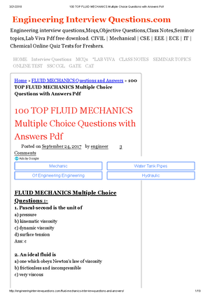 100 TOP Fluid Mechanics Multiple Choice Questions with Answers Pdf - Home » FLUID MECHANICS ...