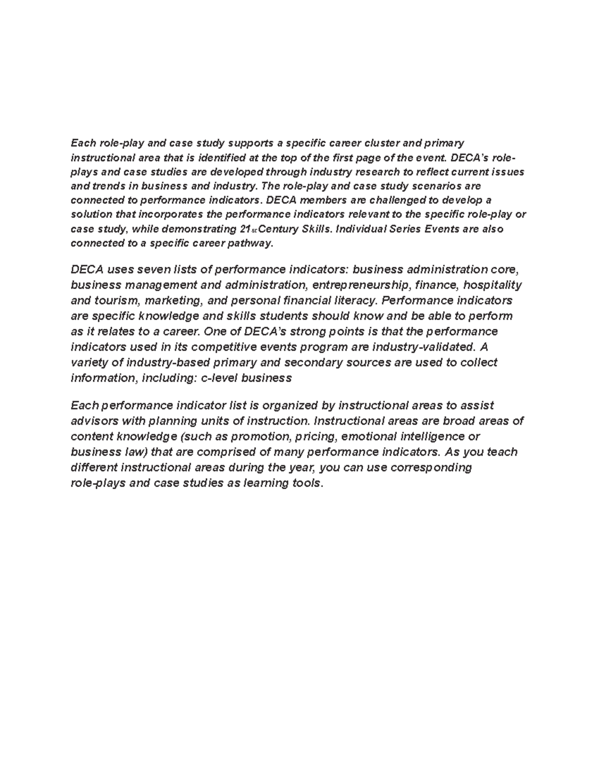 DECA Notes - Each role-play and case study supports a specific career ...