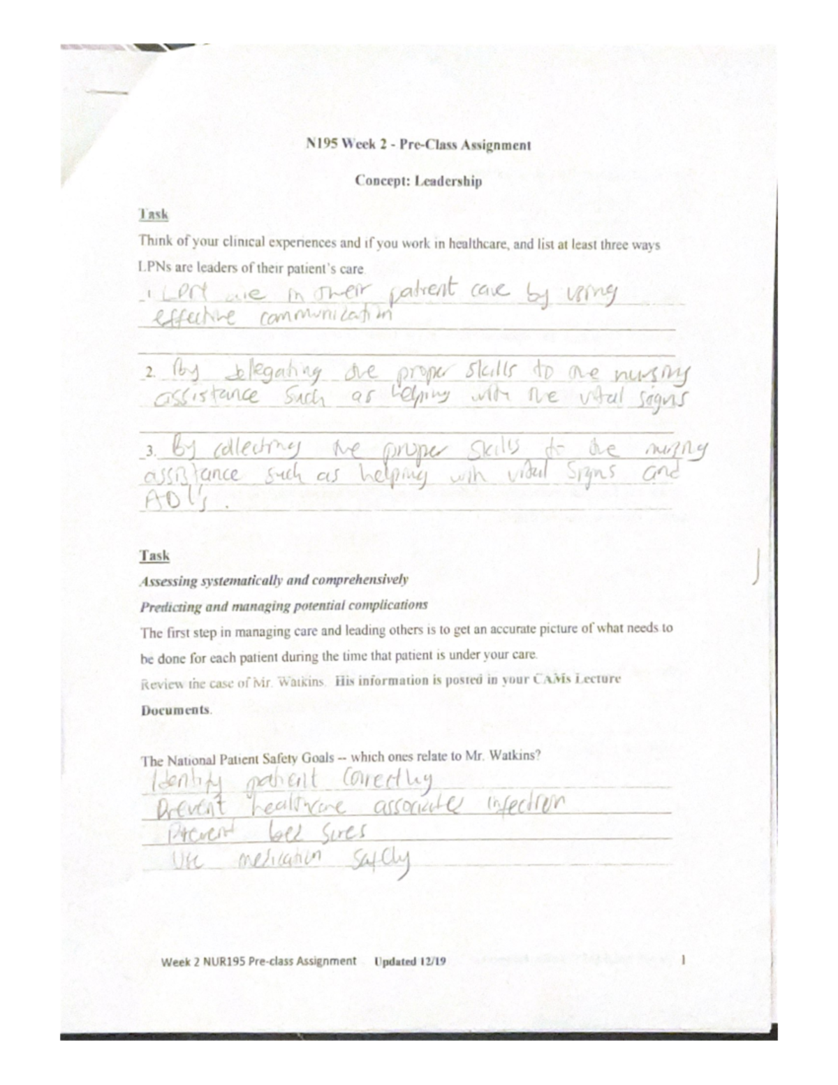 N195 Week 2 - Pre-Class Assignment - N195 Week 2 Assignment Concept: Leadership Task Think of ...