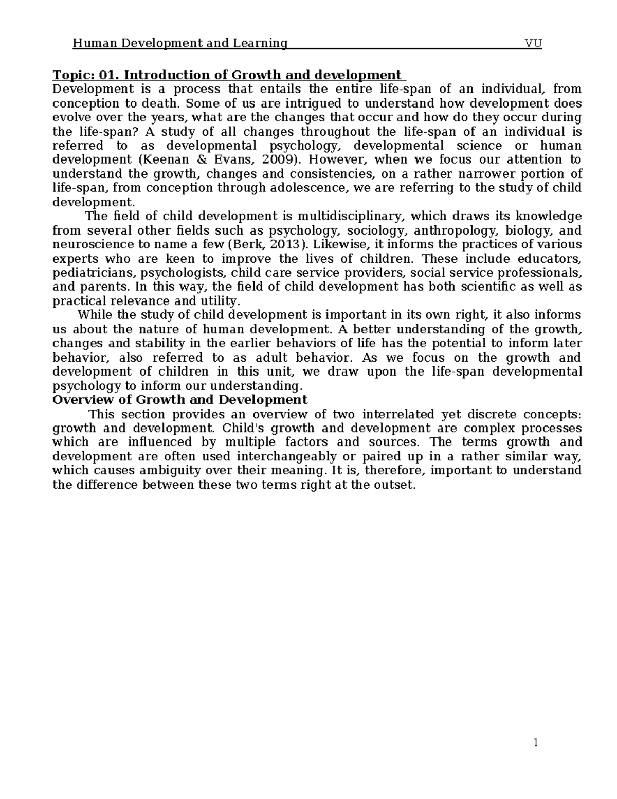 EDU302 - Topic 01 - Human Development and Learning (EDU 302) VU 1 Topic ...