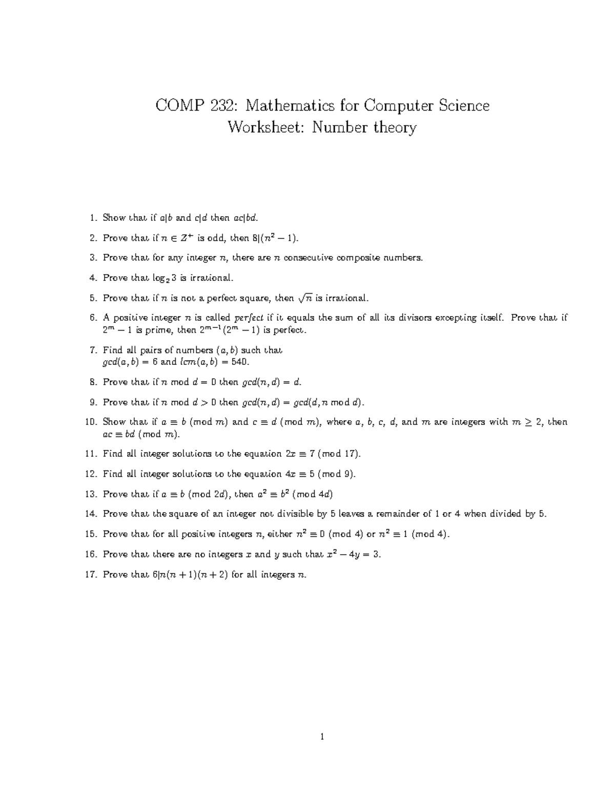 Worksheet-number-theory - COMP 232: Mathematics for Computer Science Worksheet: Number theory ...