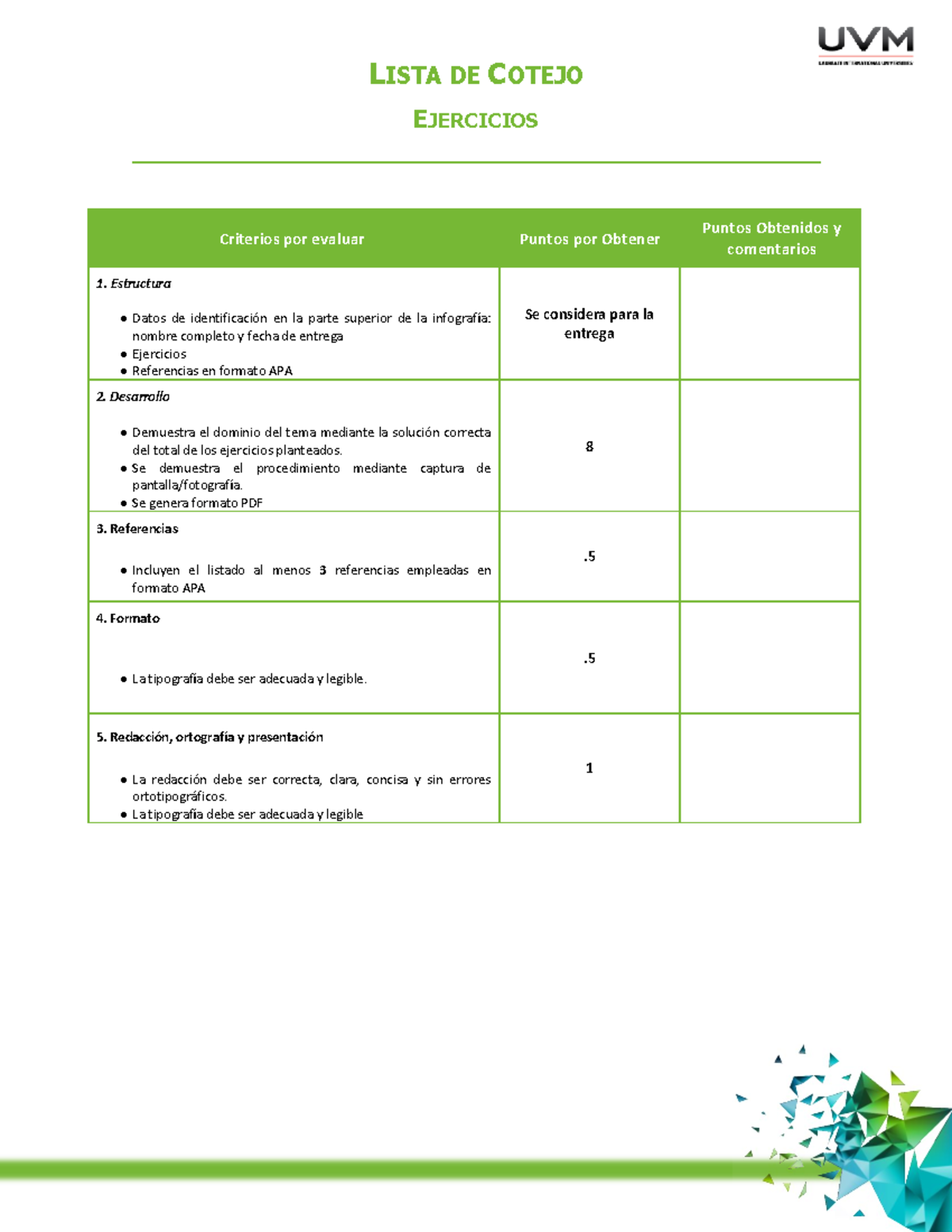 LC Ejercicios - Resumen Enfoque - LISTA DE COTEJO EJERCICIOS Criterios por evaluar Puntos por ...