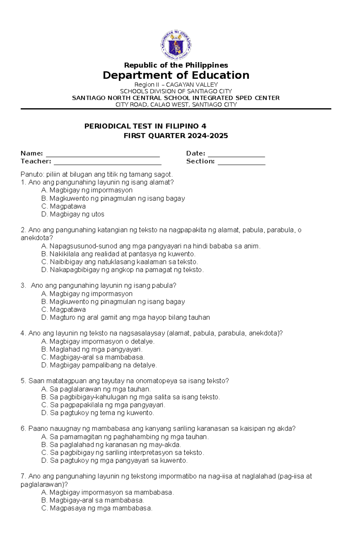 Q1 PT Filipino 4 Matatag - Republic of the Philippines Department of ...