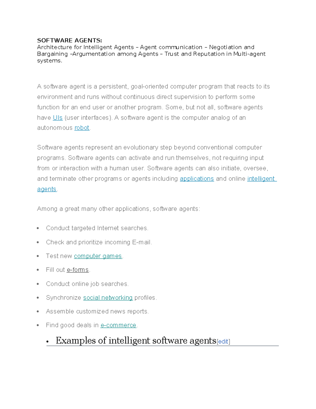 Unit 4 notes - SOFTWARE AGENTS: Architecture for Intelligent Agents ...