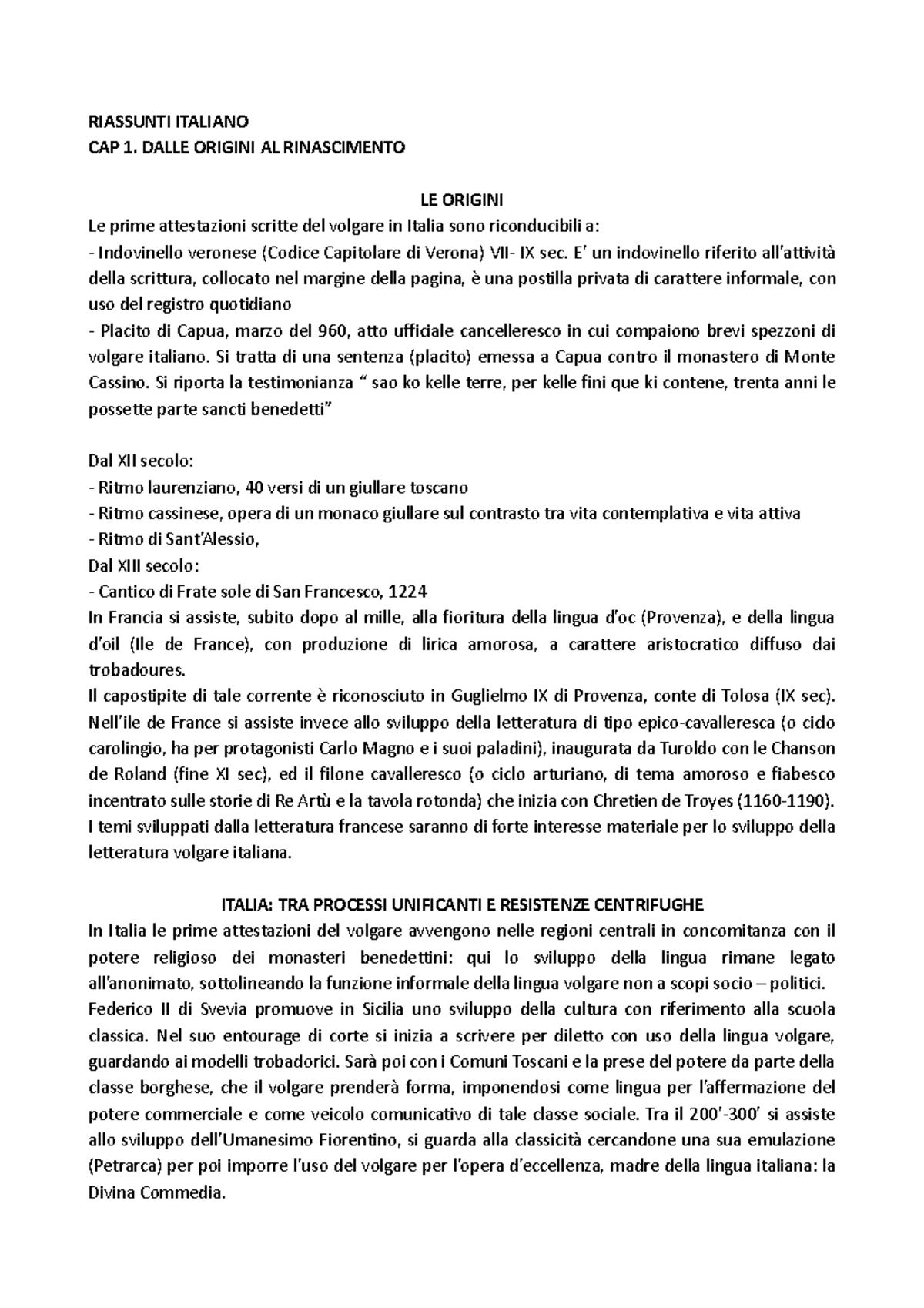 Tellini-1 - riassunto - RIASSUNTI ITALIANO CAP 1. DALLE ORIGINI AL ...