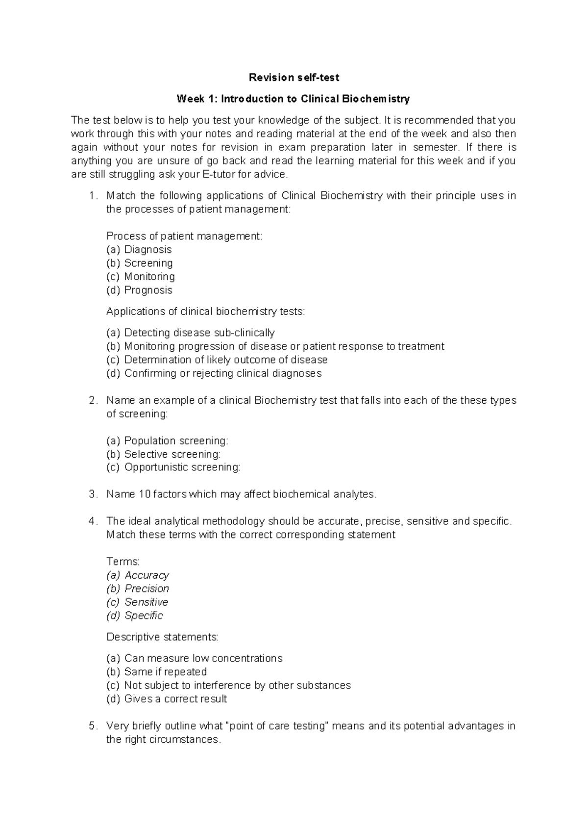 Week 1 Revision test - Self assessment - Revision self-test Week 1 ...