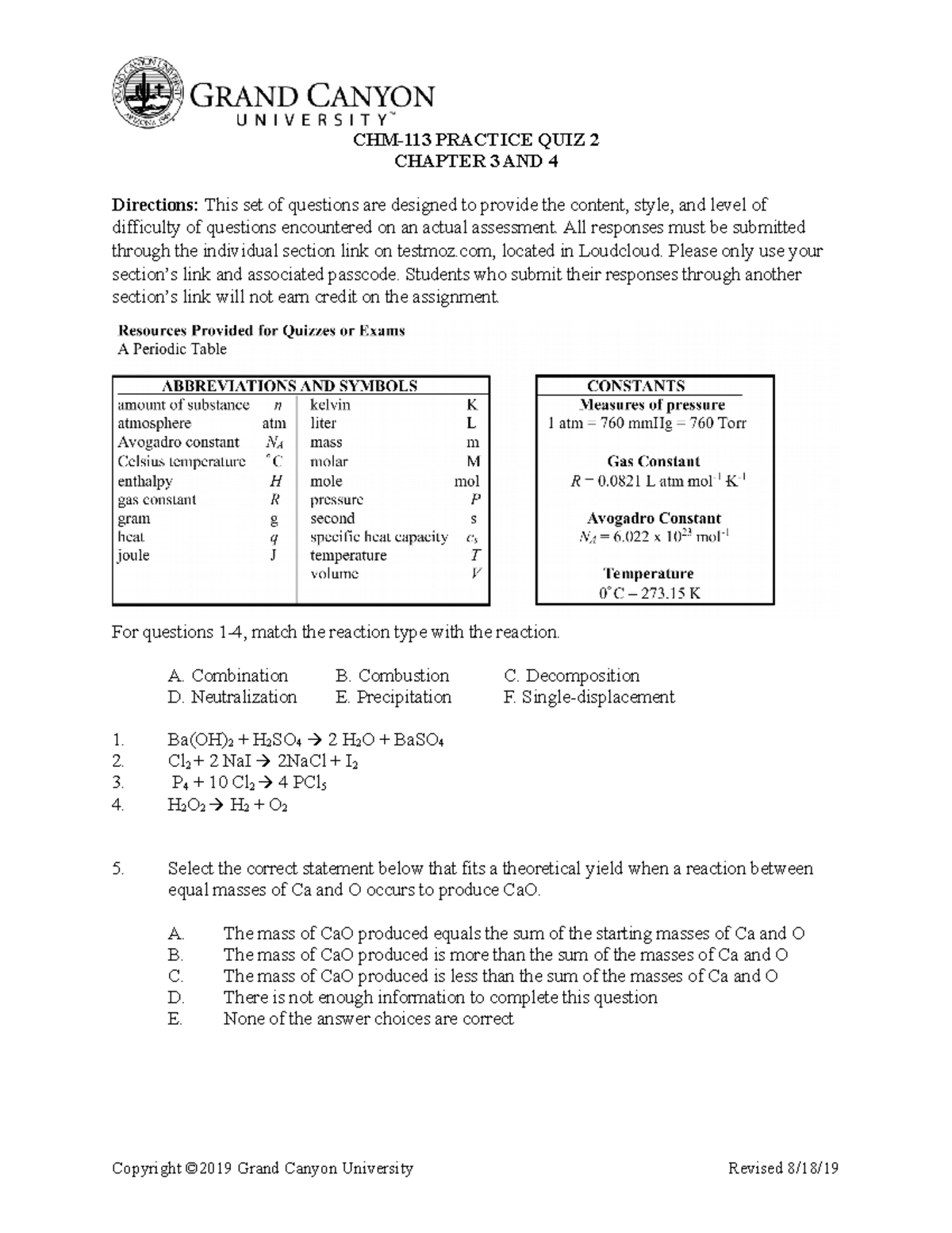 CHM113 PQ2 Ch3and4 F19 - CHM-113 PRACTICE QUIZ 2 CHAPTER 3 AND 4 ...
