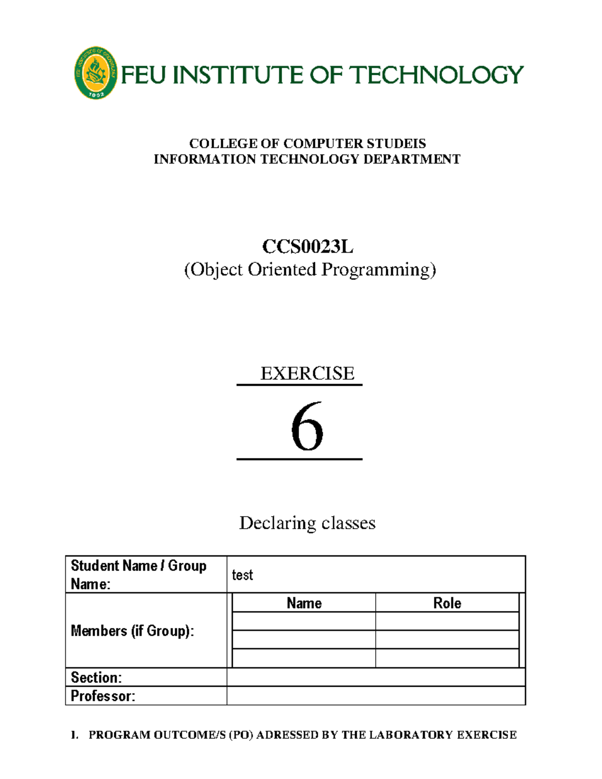 Laboratory Exp 6 (Declaring classes) - COLLEGE OF COMPUTER STUDEIS INFORMATION TECHNOLOGY ...