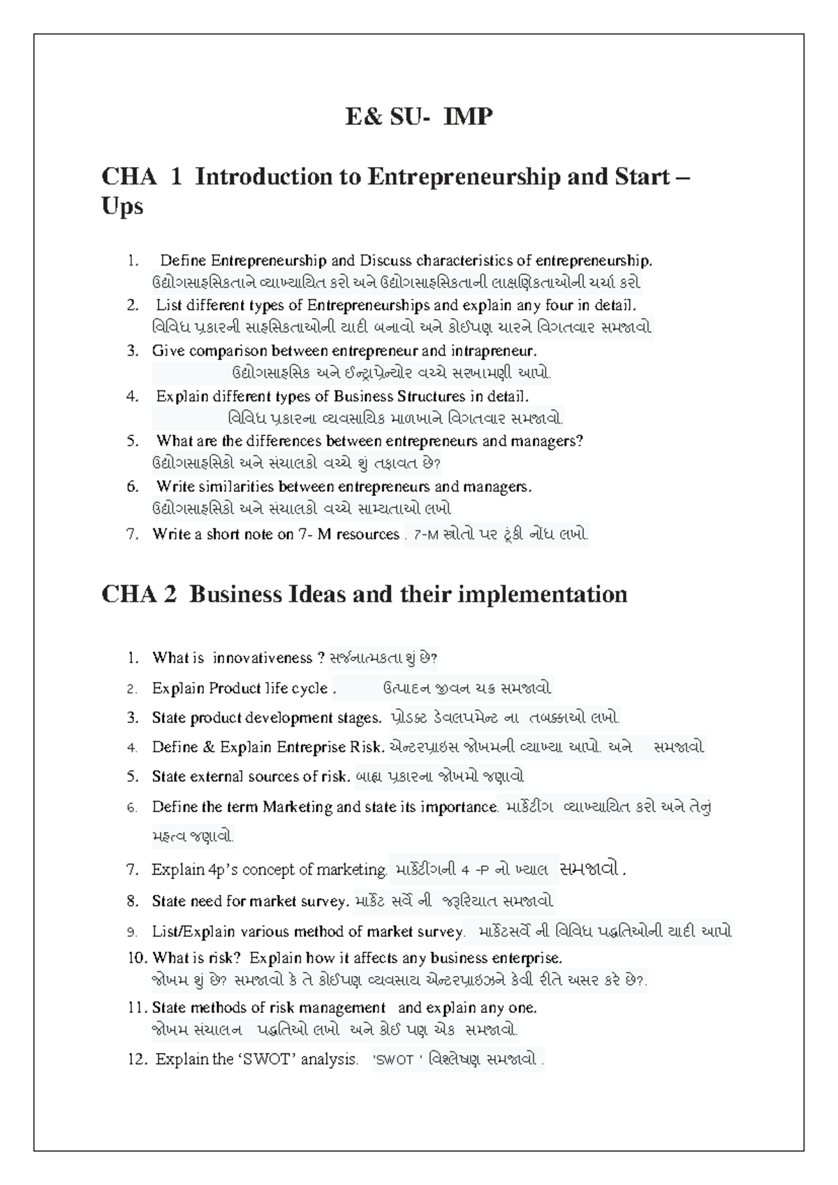 Ent-startUp-imp - E& SU- IMP CHA 1 Introduction to Entrepreneurship and Start – Ups 1. Define ...