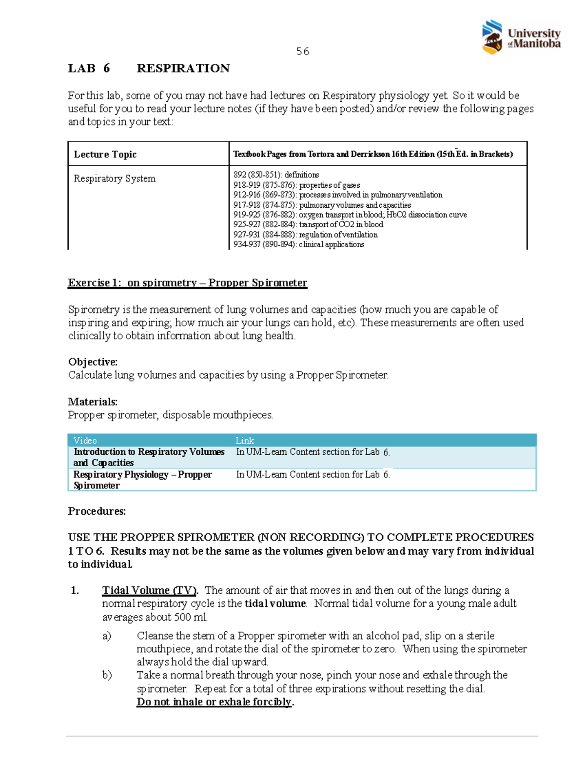 Lab 6 - Lab work will be doing during class - LAB 5 RESPIRATION For ...