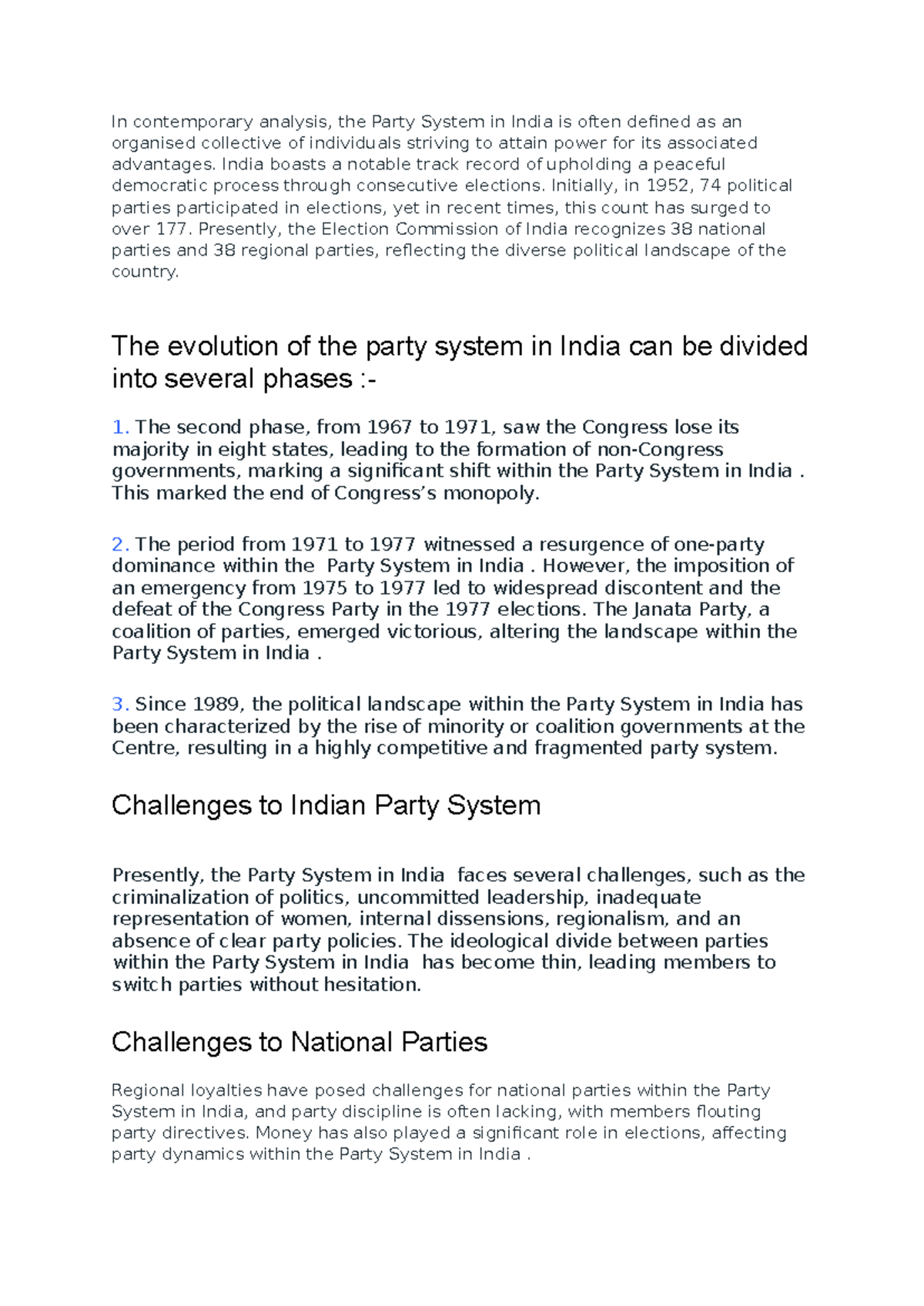 Changing nature of Indian Party System - In contemporary analysis, the ...