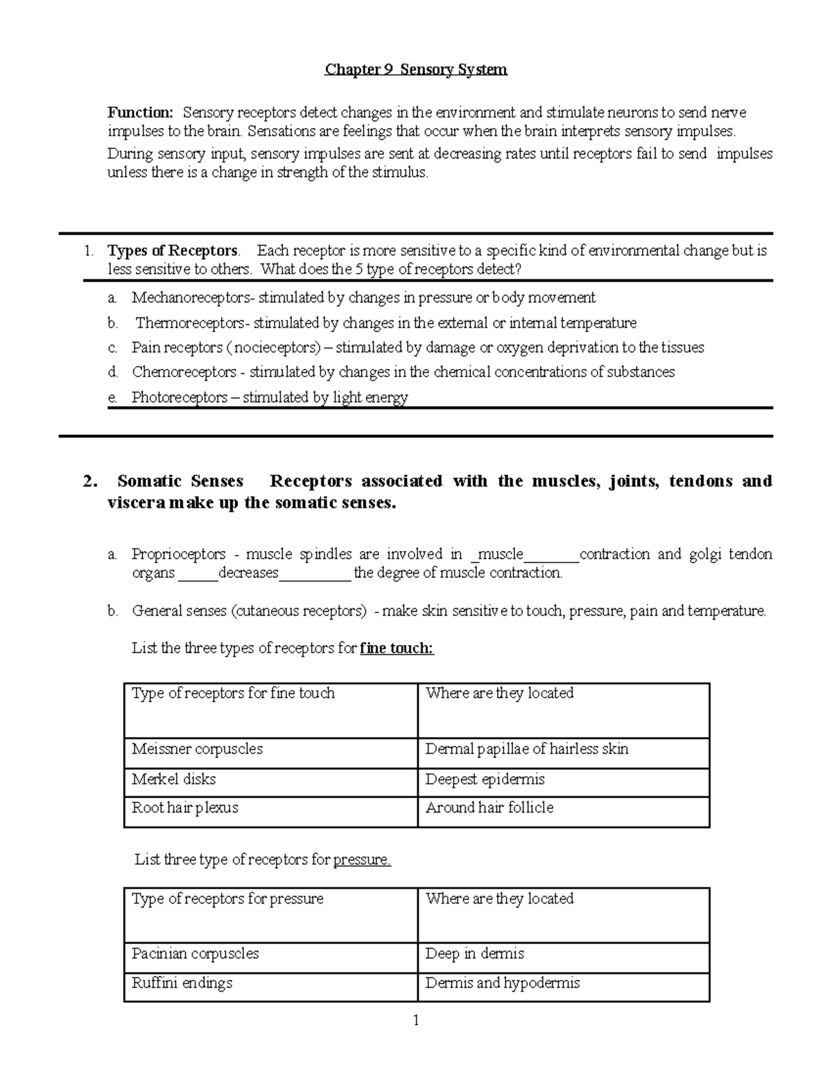 Bio 110 - Chapte 9 study guide - Fall 20222 - Chapter 9 Sensory System ...
