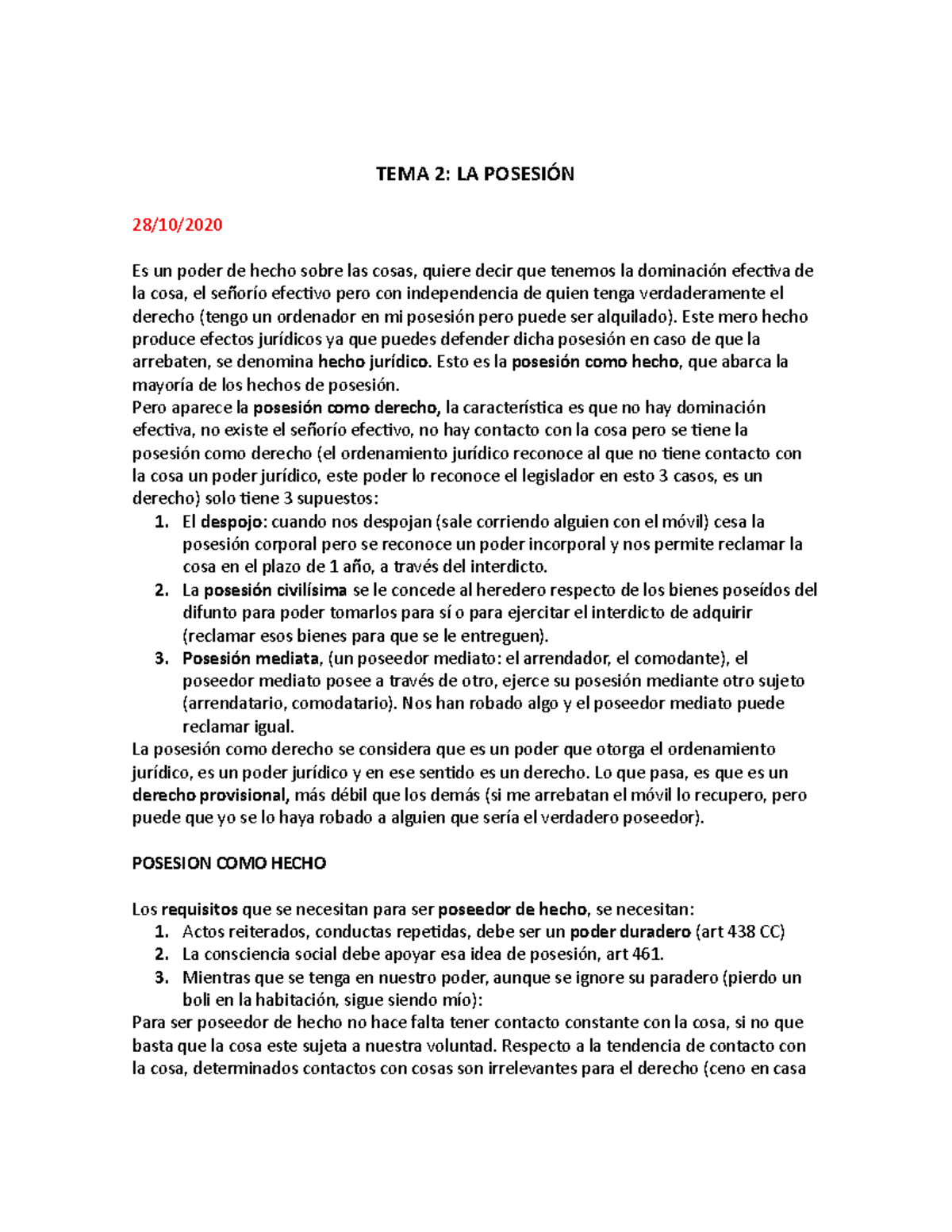 TEMA 2, civil III - TEMA 2: LA POSESIÓN 28/10/ Es un poder de hecho ...