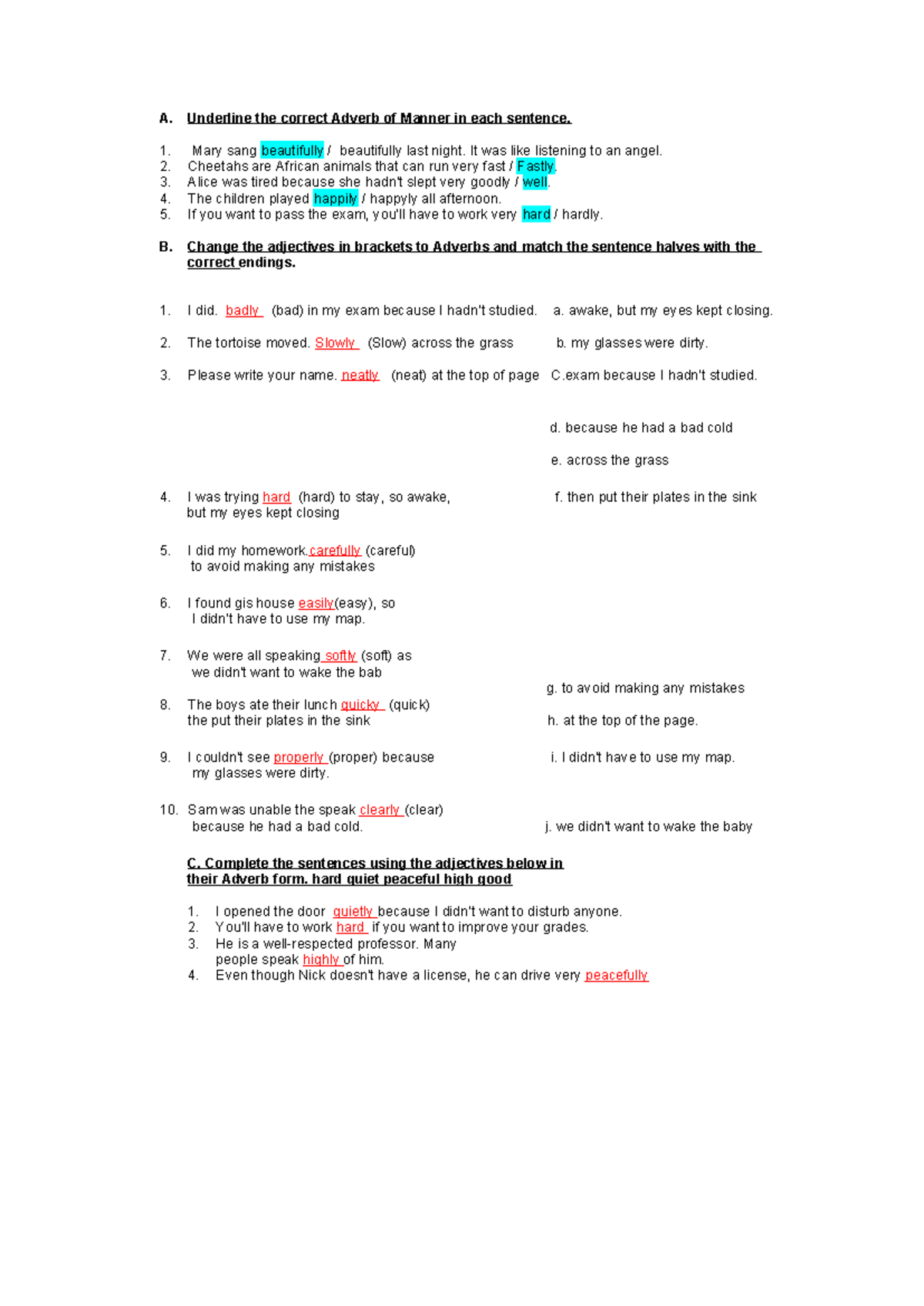 Inglés 🐭 - Apuntes - A. Underline the correct Adverb of Manner in each ...