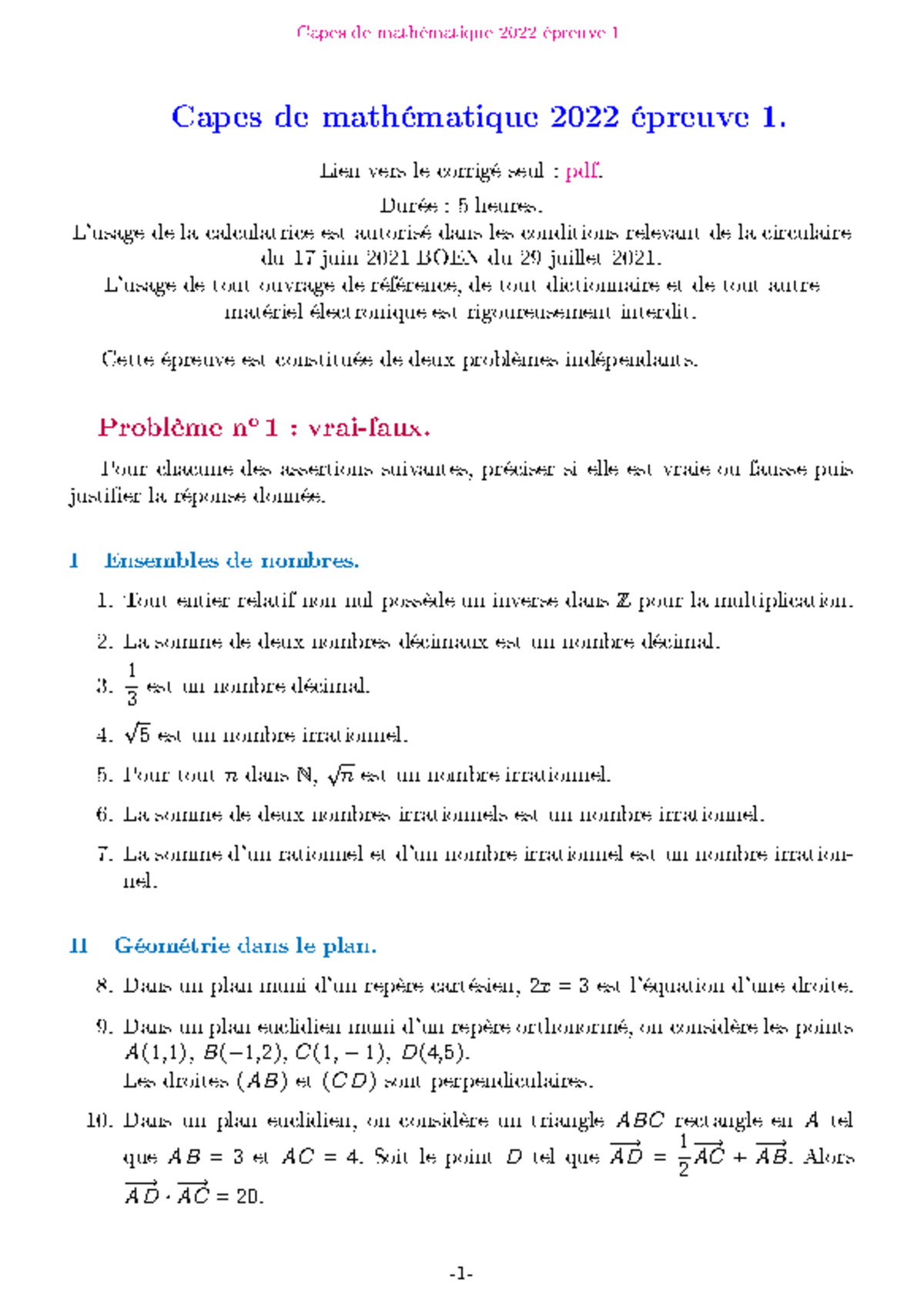 Capes externe 2022 epreuve 1 sujet - Capes de mathématique 2022 épreuve ...