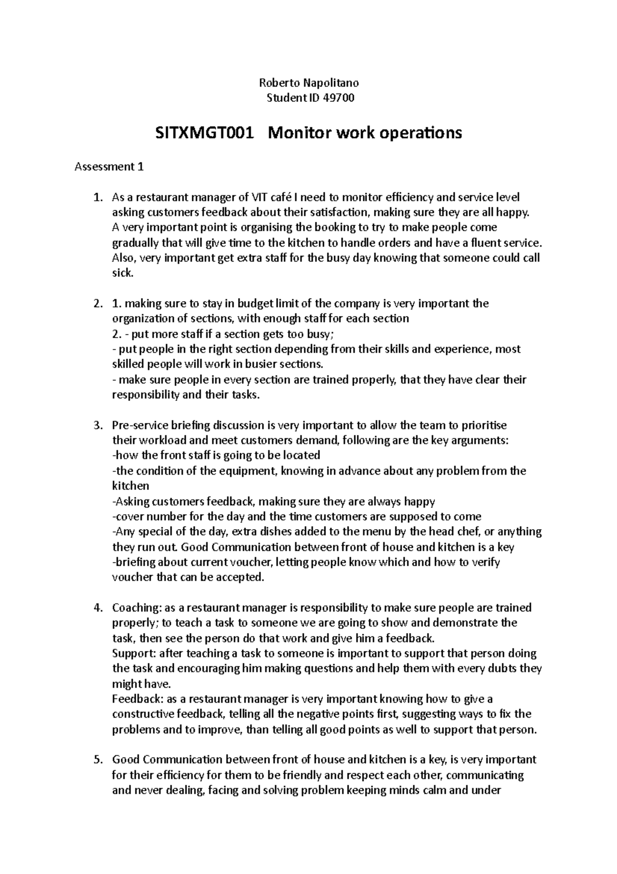 Monitoring Work Operations in a Restaurant - Studocu