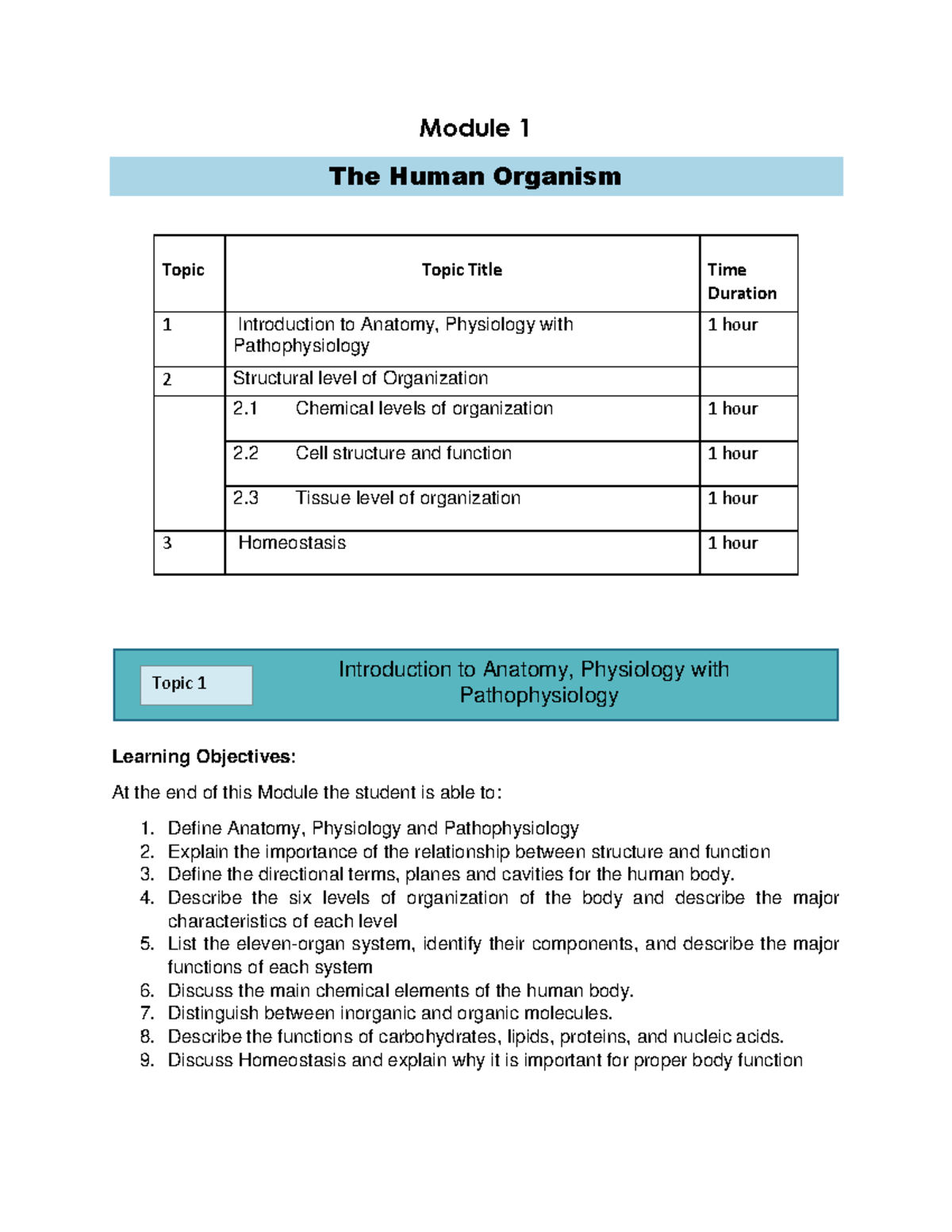Module 1 for students - Module 1 The Human Organism Learning Objectives ...