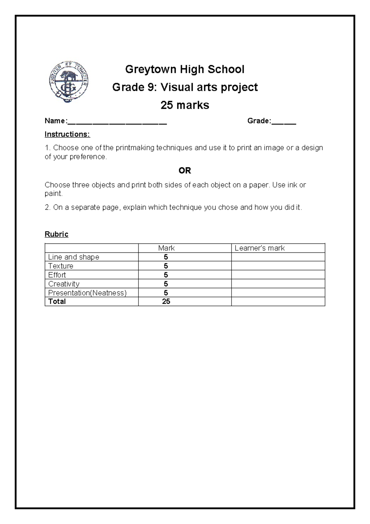 Visual arts - Printmaking informal project - Greytown High School Grade ...