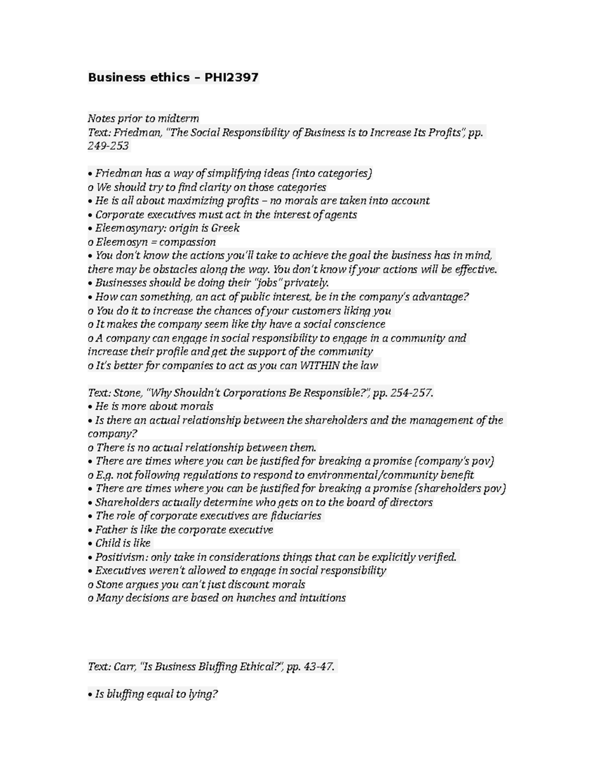 Business ethics Notes - Business ethics – PHI2397 Notes prior to ...