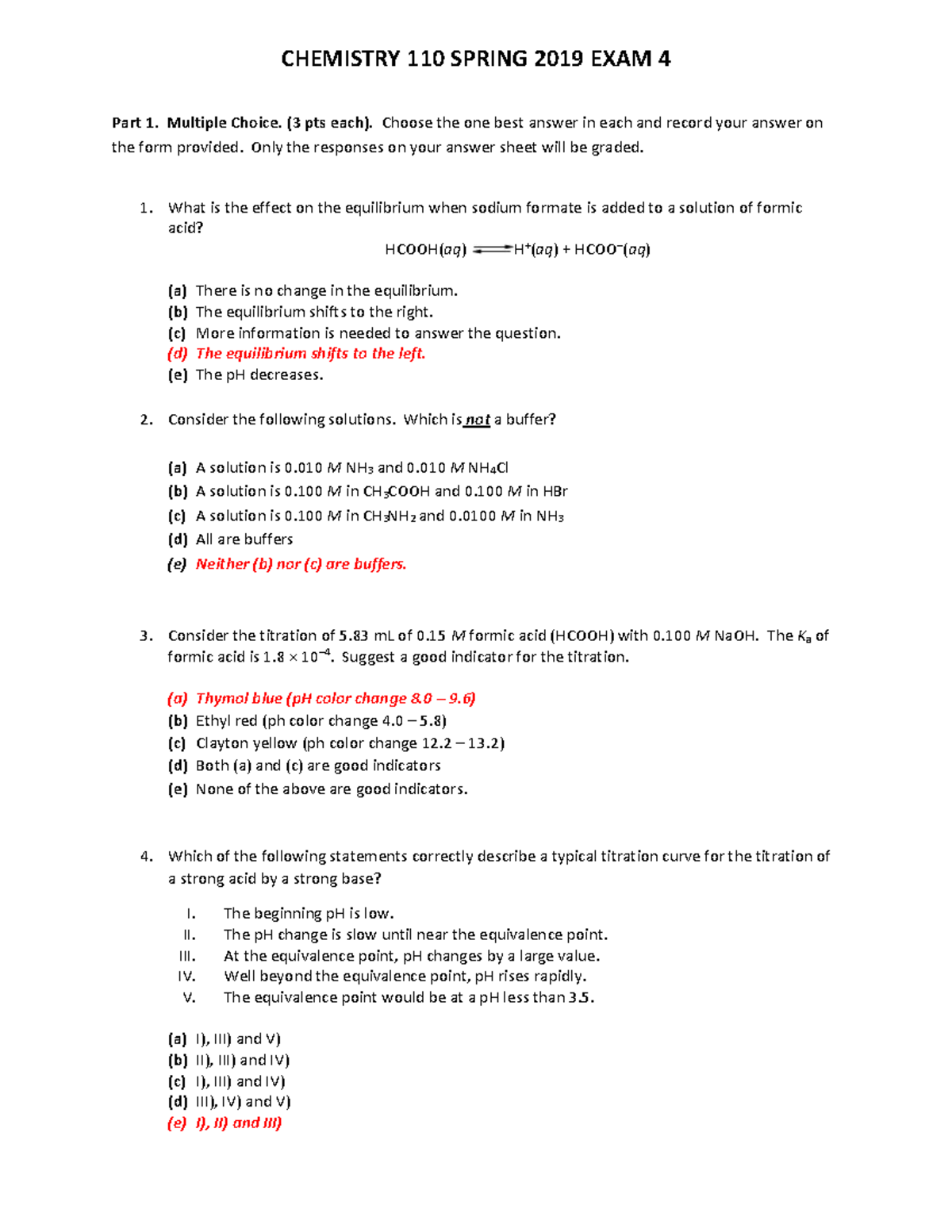 CHEM 110 SP 2019 Exam 4 GOLD KEY - Part 1. Multiple Choice. (3 pts each ...