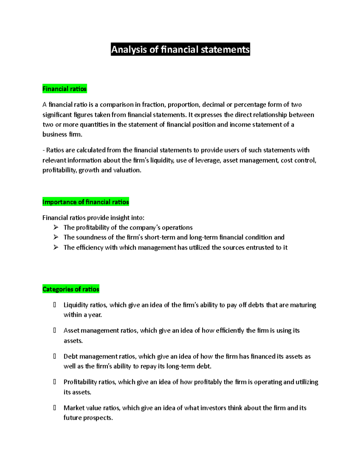 Analysis of financial statements - Analysis of financial statements ...