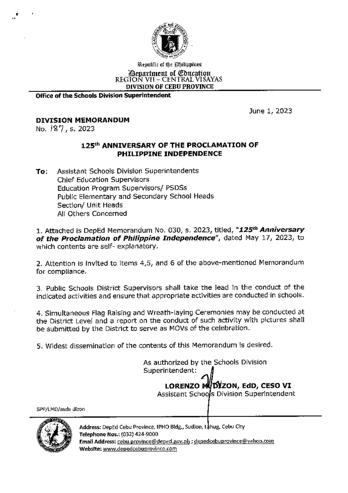 DM s2023 187-125th-Anniversary-on-the-Proclamation-of-Philippine-Independence - a&eputltt of toe ...