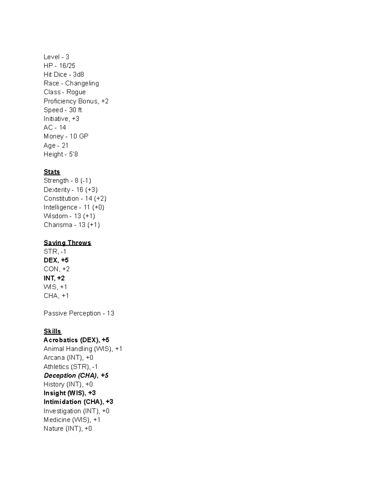 Jayce Jarius Dumbass Character Sheet - Level - 3 HP - 16/ Hit Dice - 3d ...