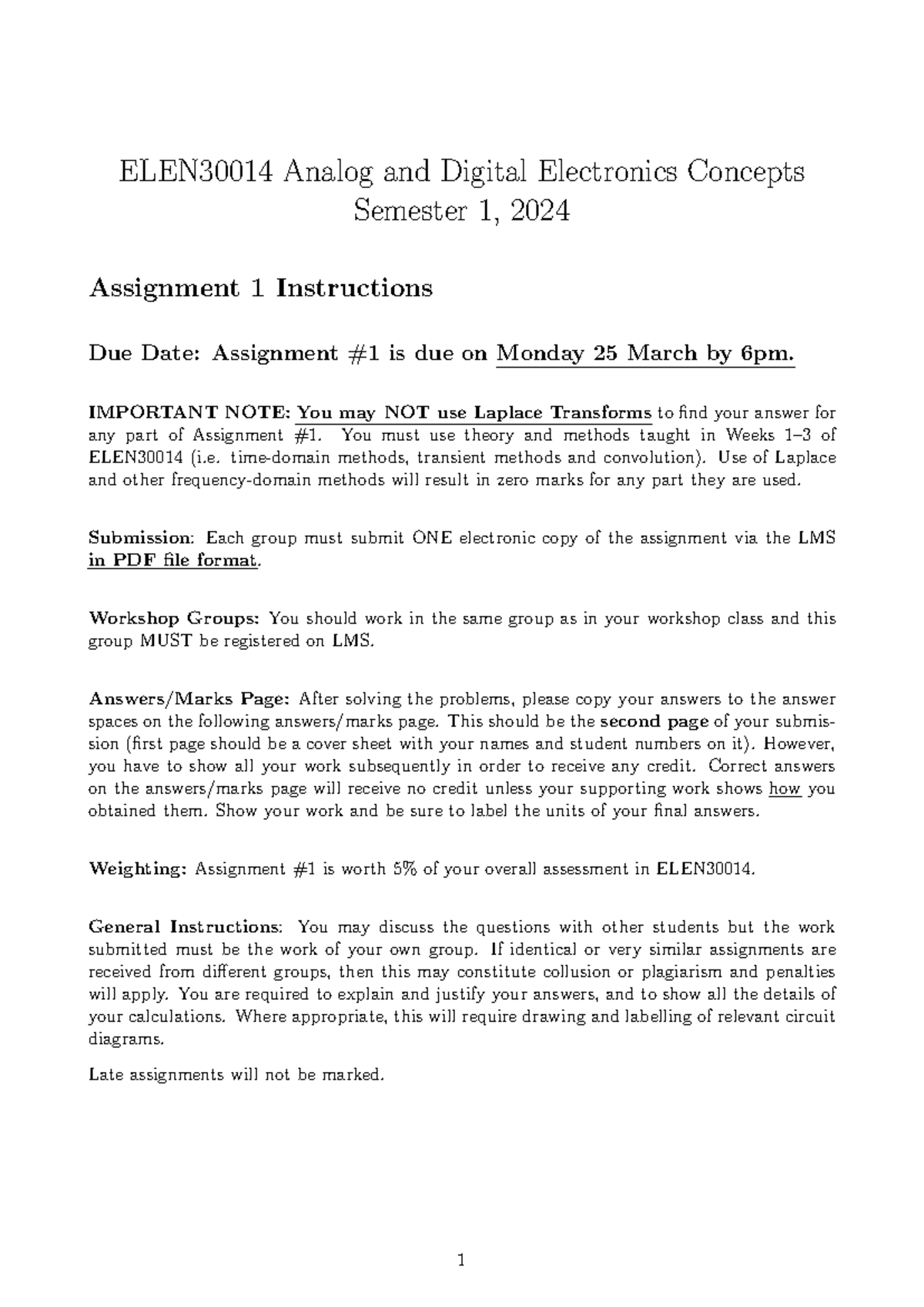 ADEC Assignment 1 - n/a - ELEN30014 Analog and Digital Electronics Concepts Semester 1, 2024 ...