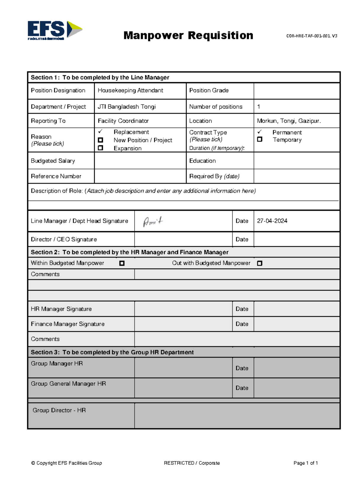 MRF Format Kalam - Manpower Requisition COR-HRE-TAF- 001 - 001. V ...