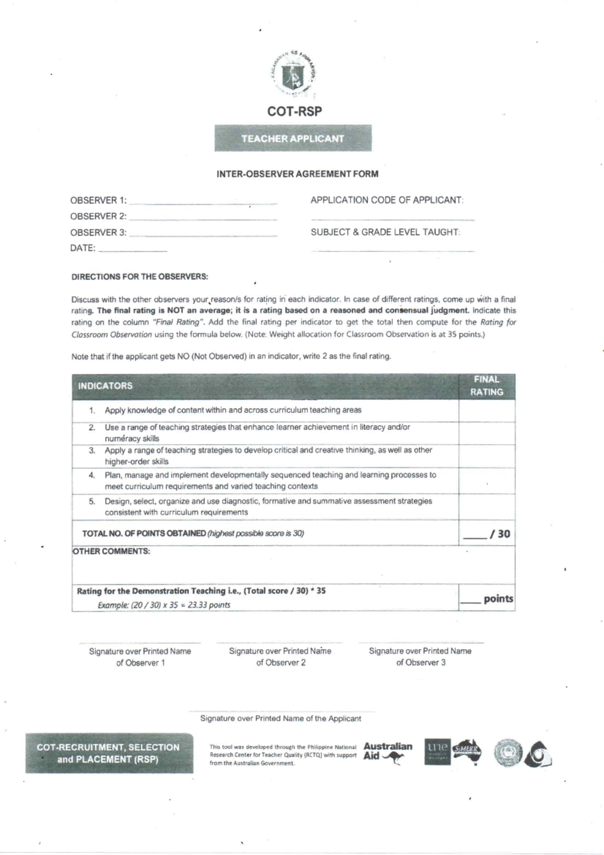 COT RSP TRF Templates - FOR RANKING - bachelor of technical teacher ...