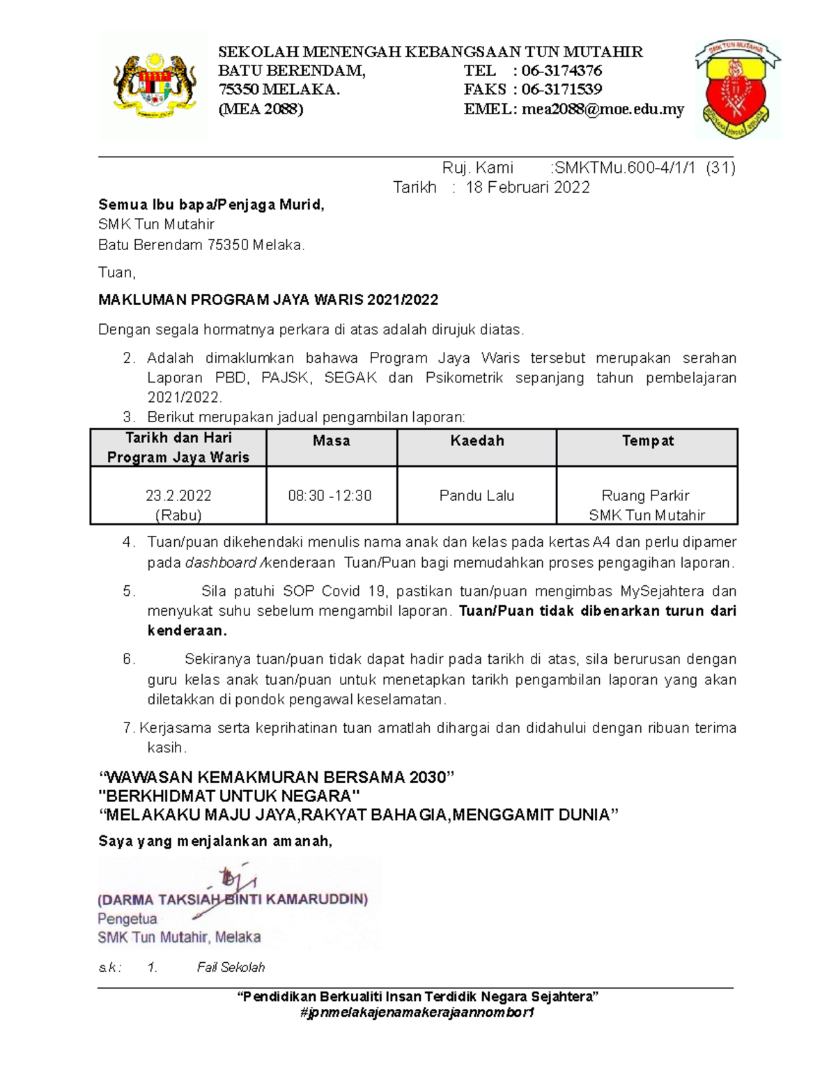 Surat Makluman Program JAYA Waris - - Studocu