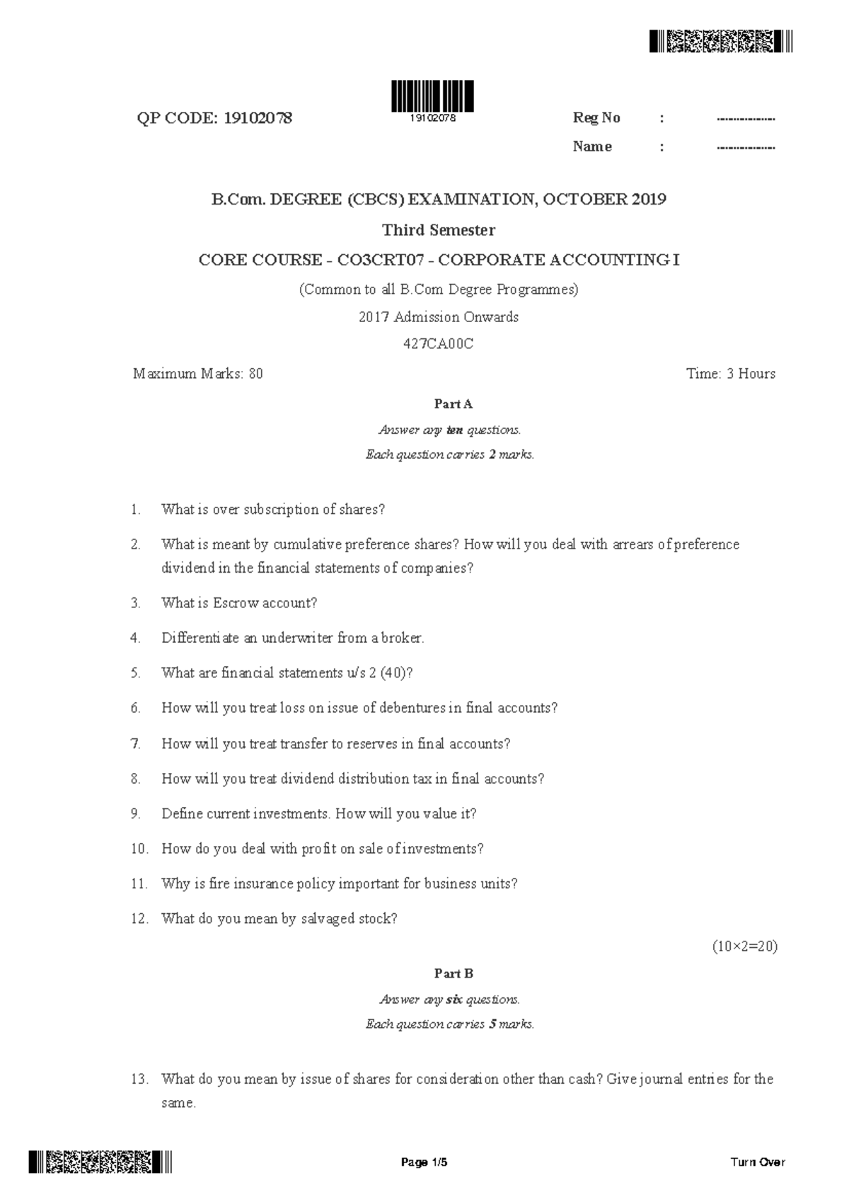 Corporate accounting I 2019 min - QP CODE: 19102078 Reg No : ..................... Name : - Studocu