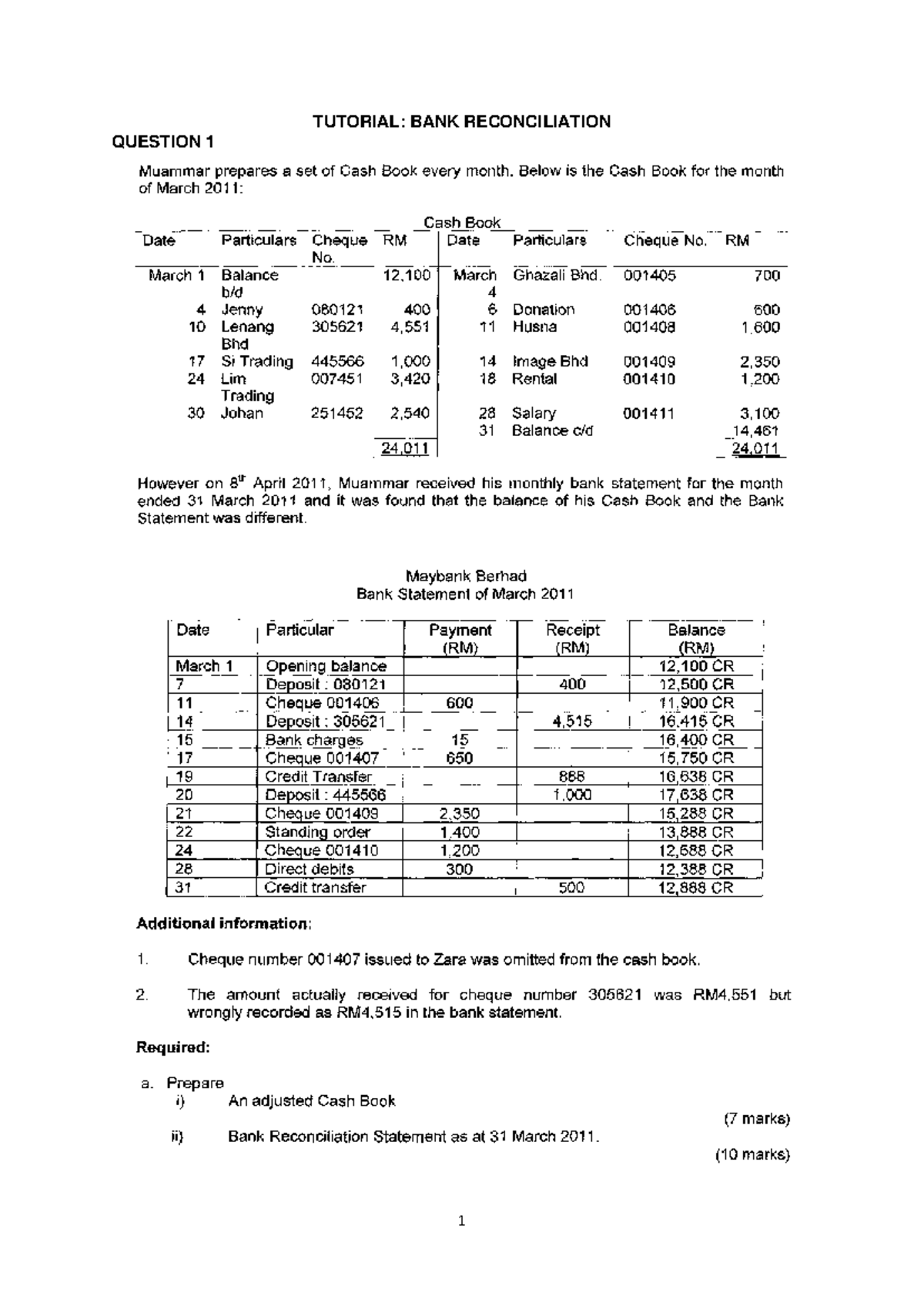 Bank Recon Question - introduction to financial accounting and ...