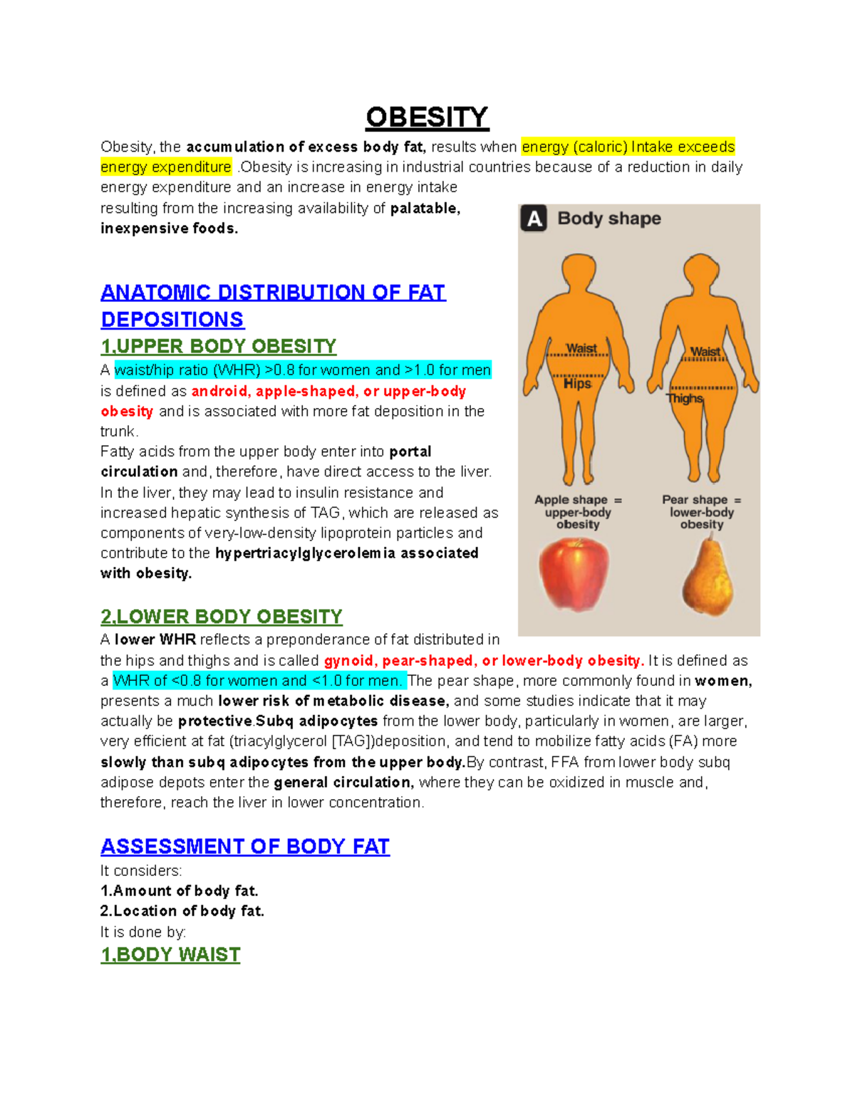 Obesity - OBESITY Obesity, the accumulation of excess body fat, results ...