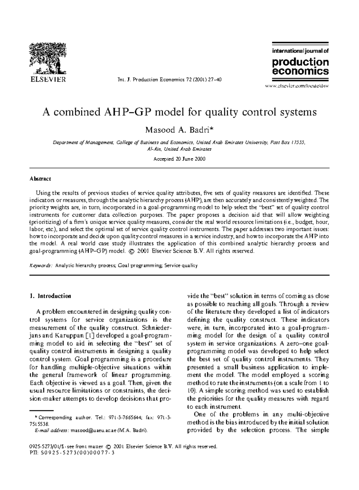 A combined AHP GP model for quality cont - Int. J. Production Economics ...
