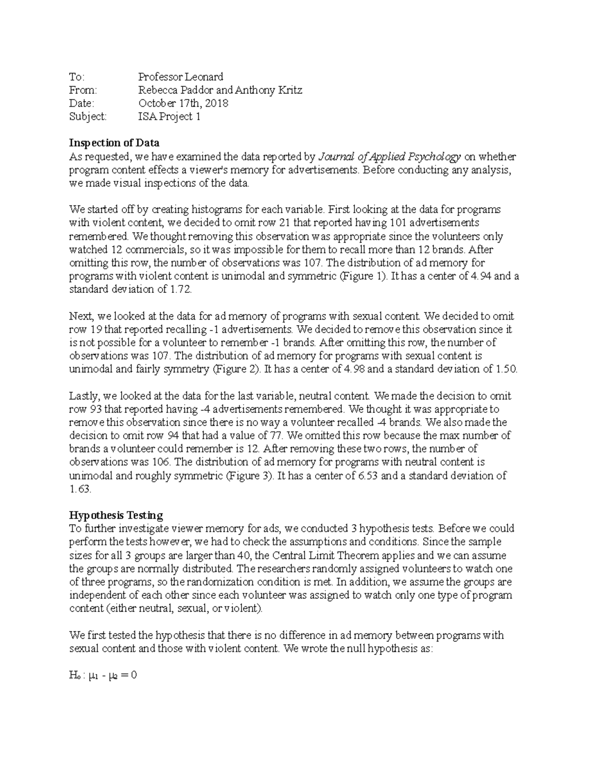 ISA 225 Project 1 Memo - To: From: Date: Subject: Professor Leonard ...