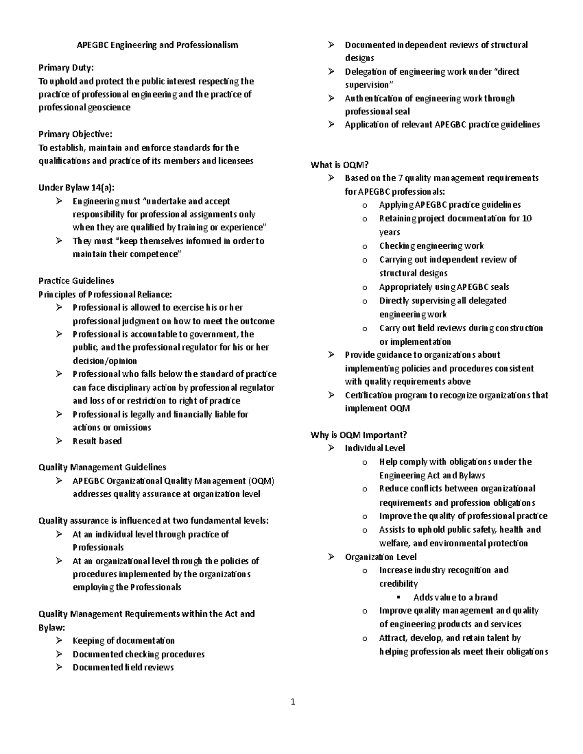 APSC-450 summary notes - APEGBC Engineering and Professionalism Primary ...