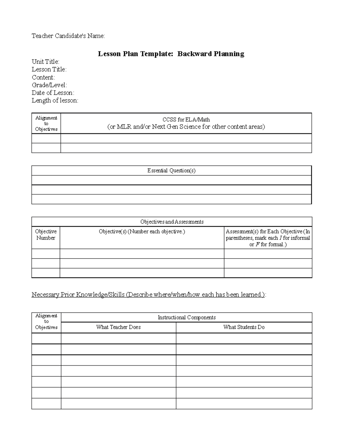 Backward Design Blank Template - Teacher Candidate's Name: Unit Title ...