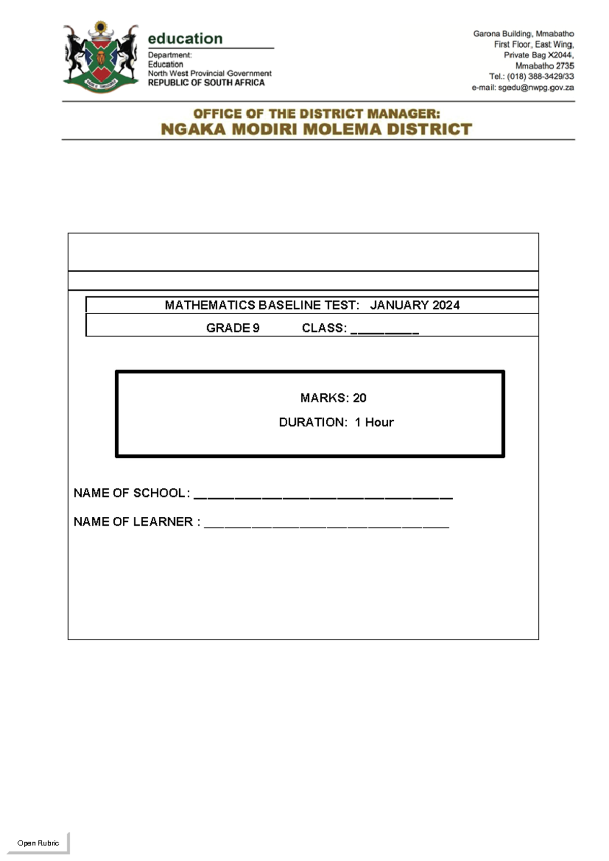 Baseline TEST Grade 9 TERM1 2024 - MATHEMATICS BASELINE TEST: JANUARY ...