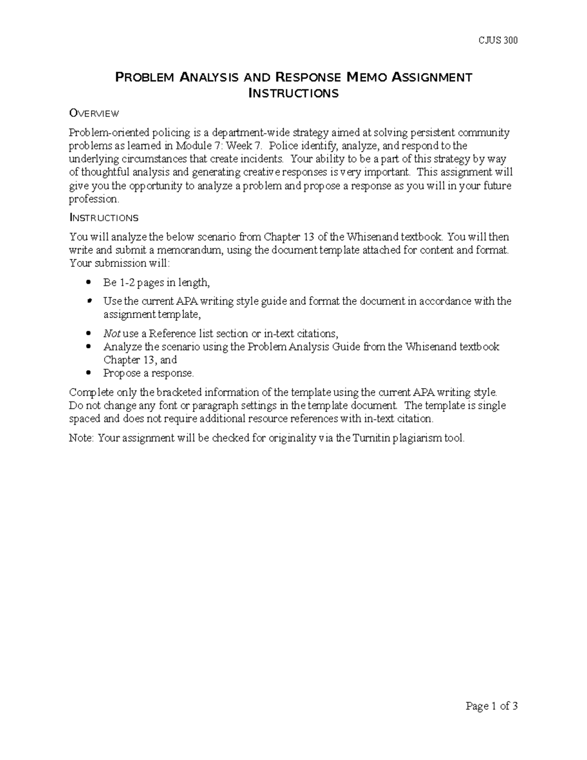 Problem Analysis and Response Memo Assignment Instructions - CJUS 300 PROBLEM ANALYSIS AND ...