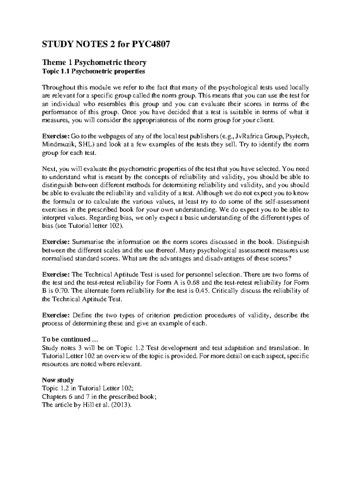 Study Notes 2 for PYC4807 - STUDY NOTES 2 for PYC Theme 1 Psychometric ...