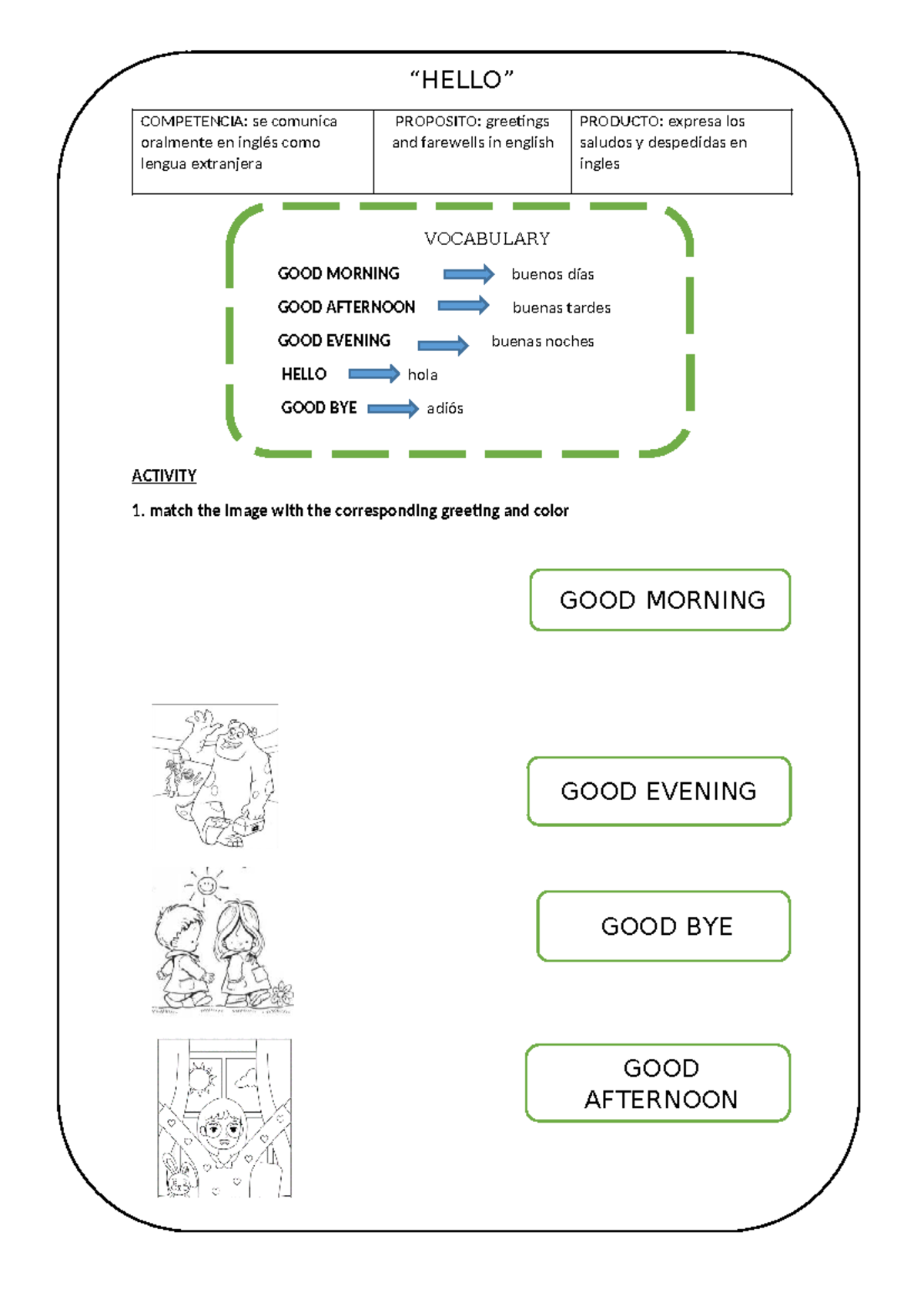 Ficha Greetings AND Farewells - “HELLO” COMPETENCIA: se comunica ...