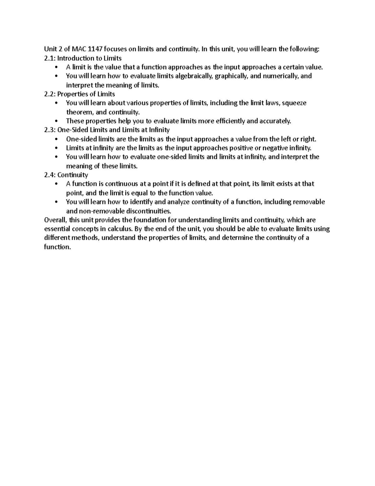 Unit 2 of MAC 1147 - Unit 2 Notes - Unit 2 of MAC 1147 focuses on ...