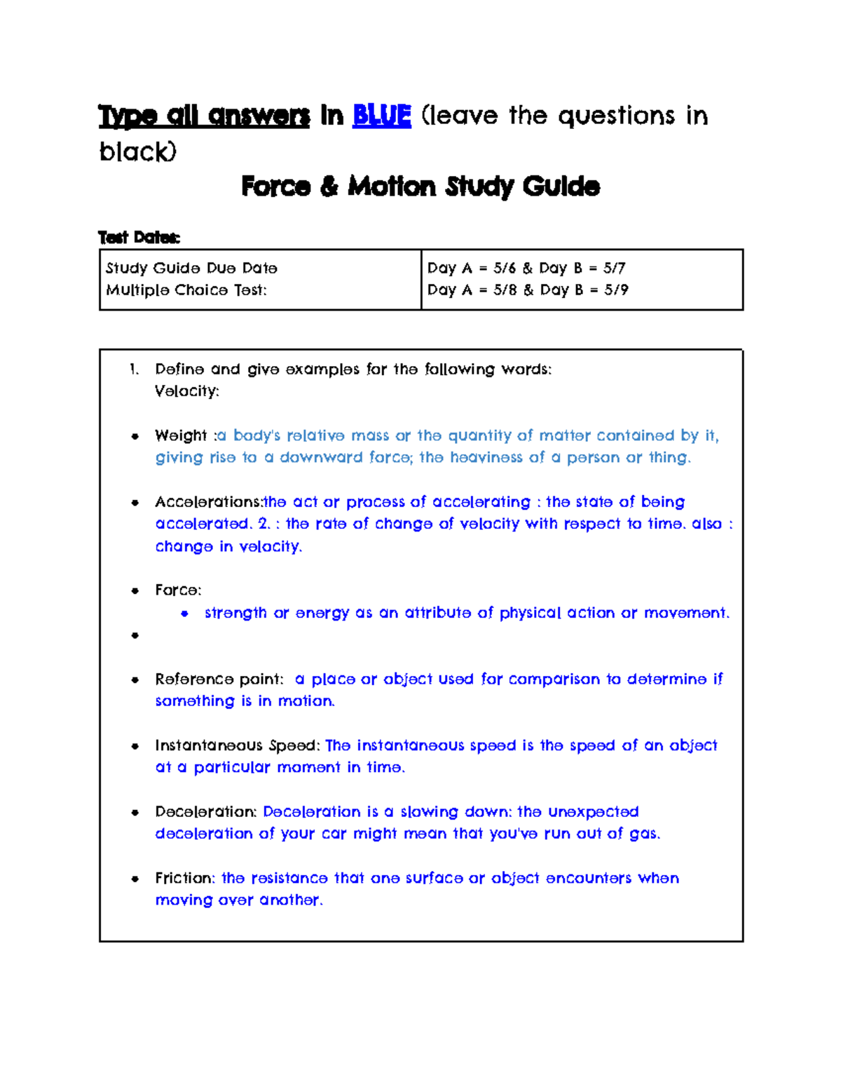 Units 7 & 8 Force & Motion Study Guide - Type all answers in BLUE ...
