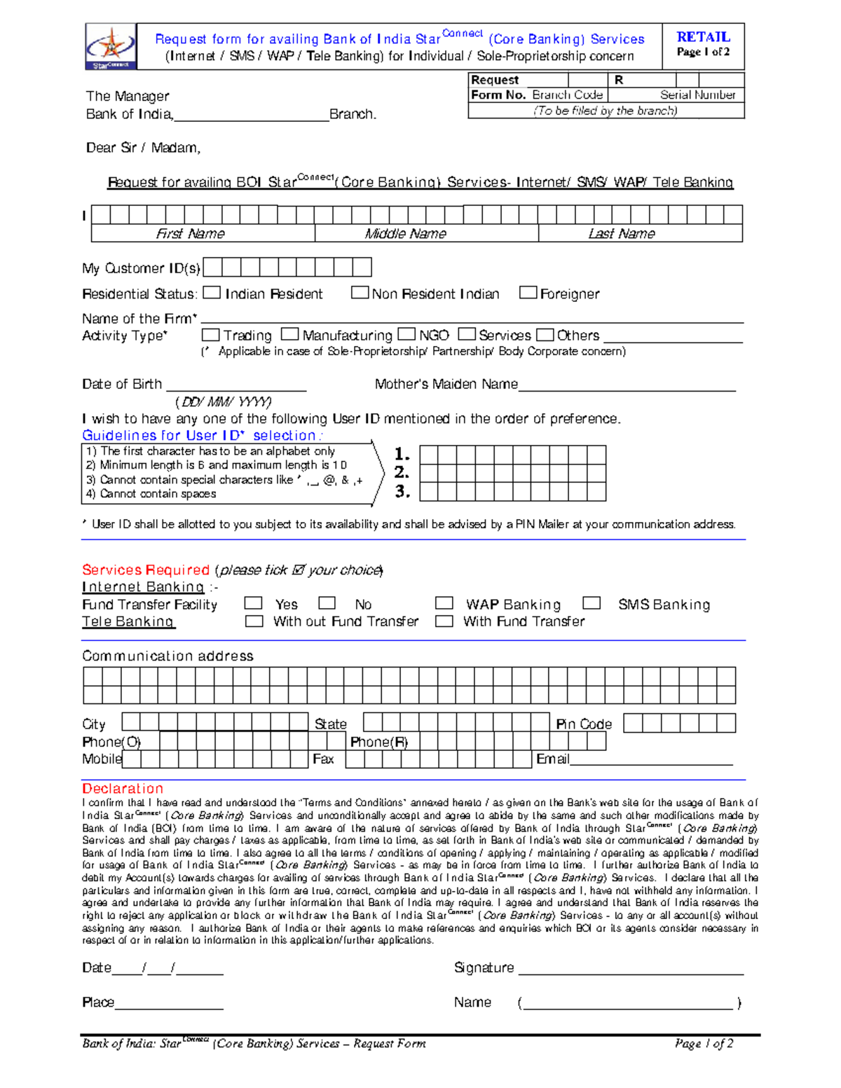 Starconnect Retail Reqeust Form - Bank of India: Star Connect (Core ...