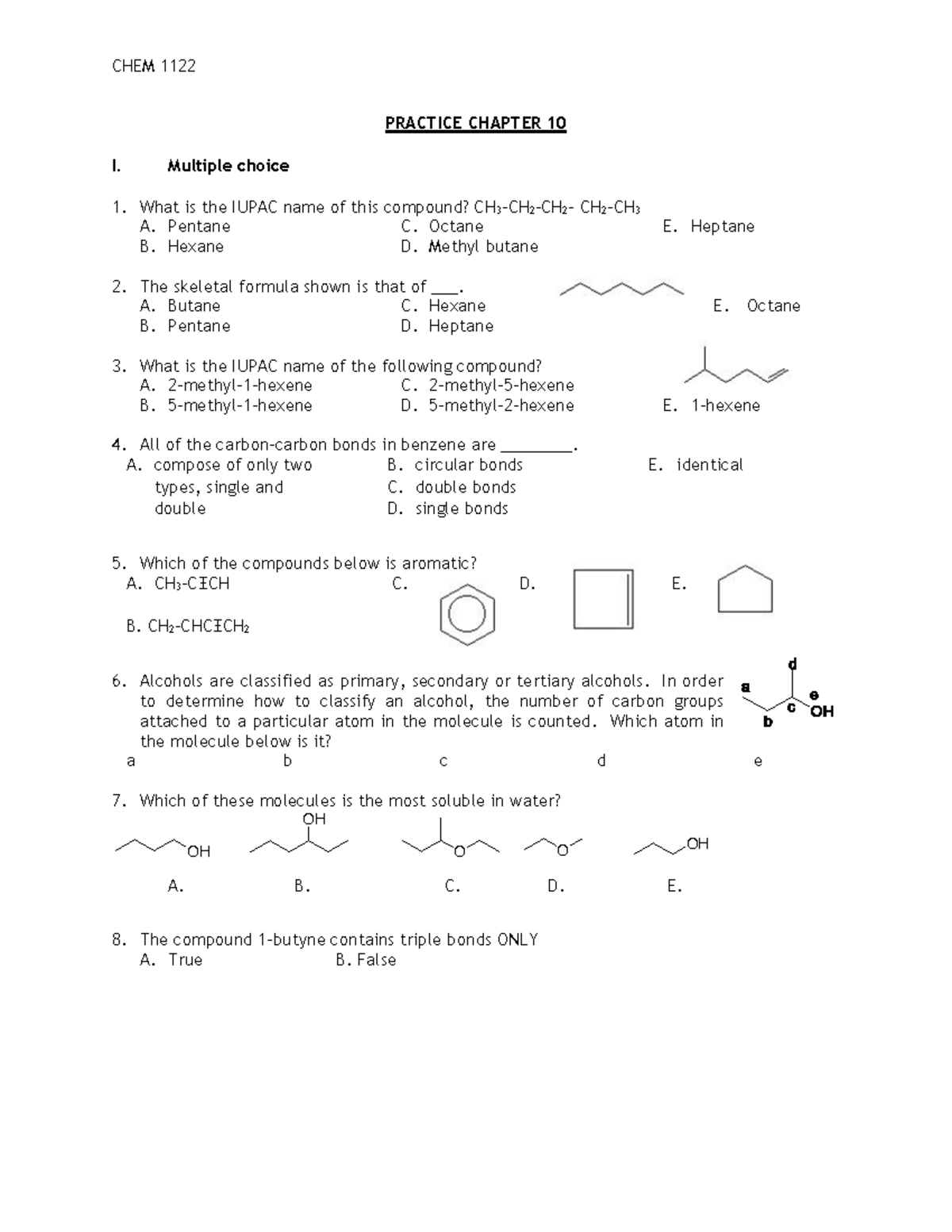 Extra practice chapter 10 - CHEM 1122 PRACTICE CHAPTER 10 I. Multiple ...