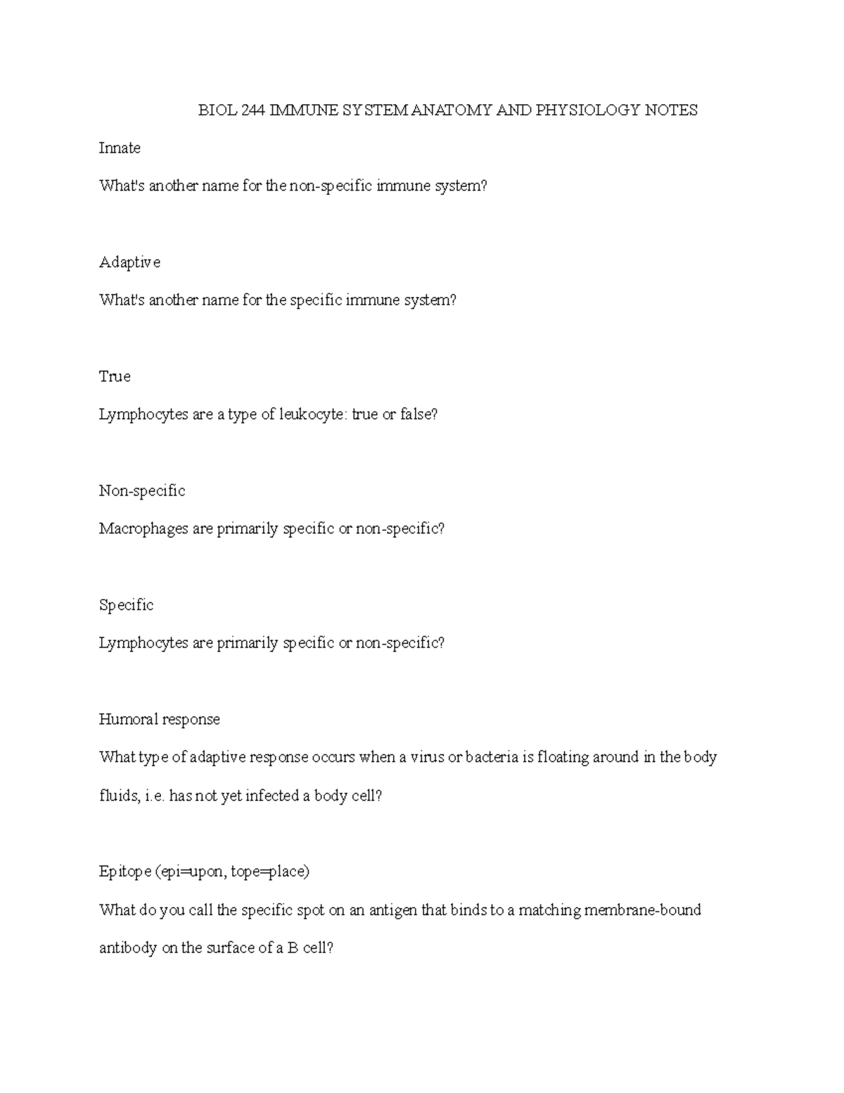 BIOL 244 Immune System Anatomy AND Physiology Notes - BIOL 244 IMMUNE ...