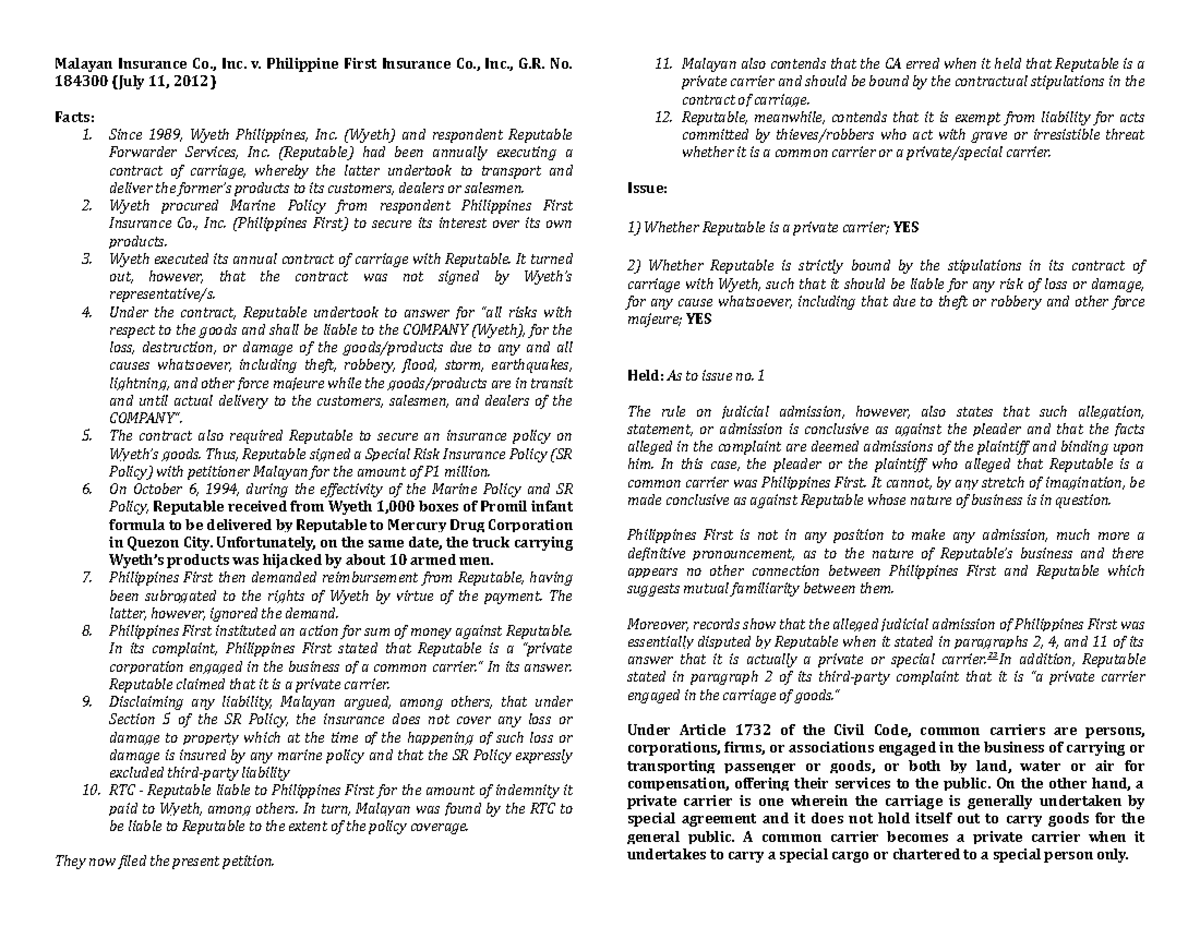 6 Malayan Insurance Co Inc v Philippine First Insurance Co Inc G R No ...