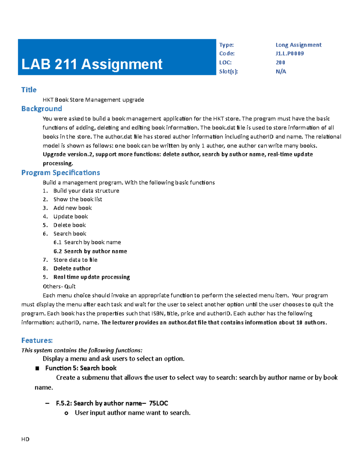 1A. J1.L.P0009. HKT Book Store - Upgrade- 200LOC - LAB 211 Assignment ...